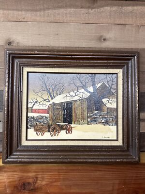 VTG H.Hargrove Snowy Barn Wagon Serigraph Painting 23x19 Frame | eBay