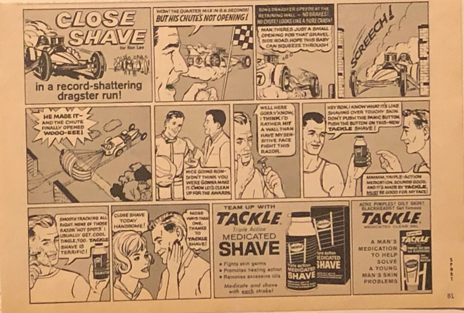 1965 Tackle Medicated Shave Shaving Cream PRINT AD Ron Lee Comic Strip ...