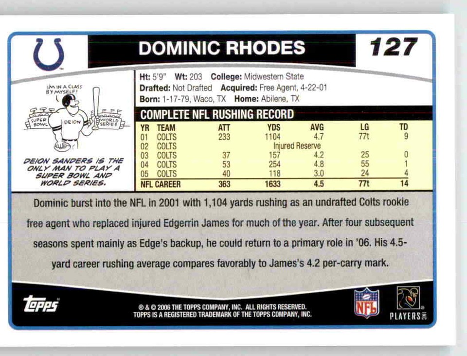 2006 Topps Dominic Rhodes NFL Base Card PWE Colts #127 | eBay