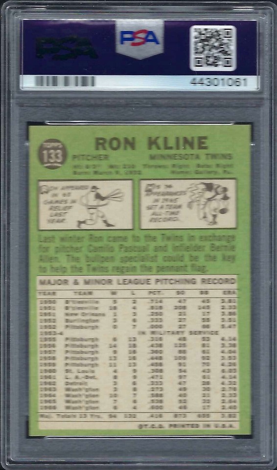 1967 TOPPS #133 RON KLINE Minnesota Twins sharp/CENTERED New Label PSA ...