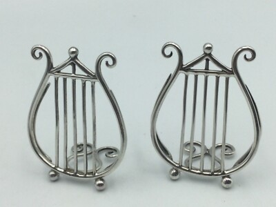 STUNNING PAIR EDWARDIAN SOLID SILVER LYRE SHAPE MUSICAL INSTRUMENT MENU ...
