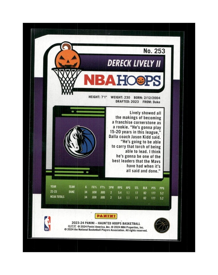 2023-24 Panini NBA Hoops Haunted Dereck Lively II Rookie Card #253 ...