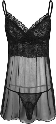 Men's 2 Piece Sheer Pajamas Nightwear Lingerie Set Pouch Panties ...