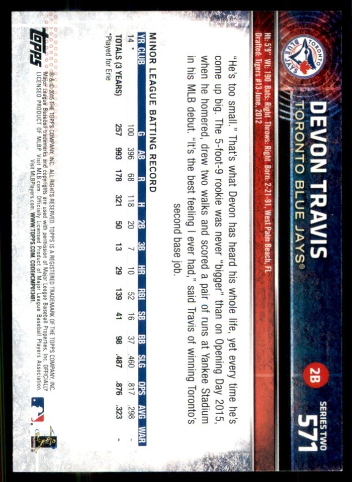 2015 Topps Devon Travis Rookie Toronto Blue Jays #571 | eBay