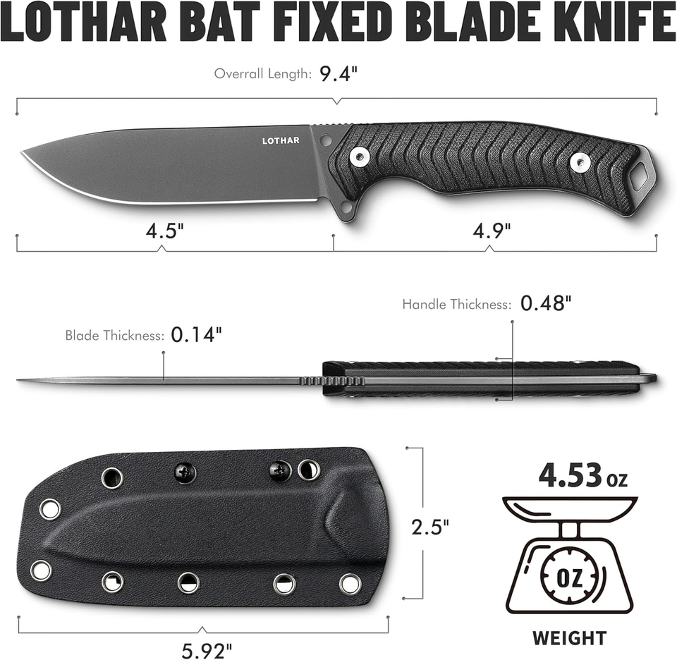 BAT Fixed Blade Knife with Sheath, 4.5 Inch Tactical Horizontal Carry ...