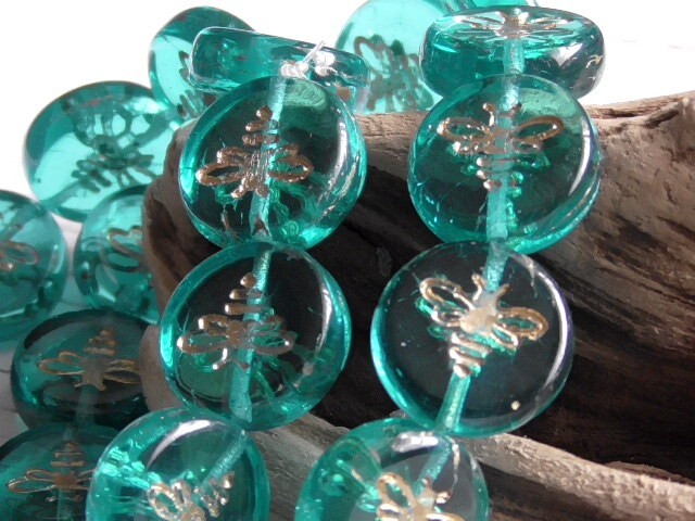 6 - 12mm CZECH HONEY BEE ZIRCON BLUE GOLD WASH COIN GLASS BEADS, INSECT ...