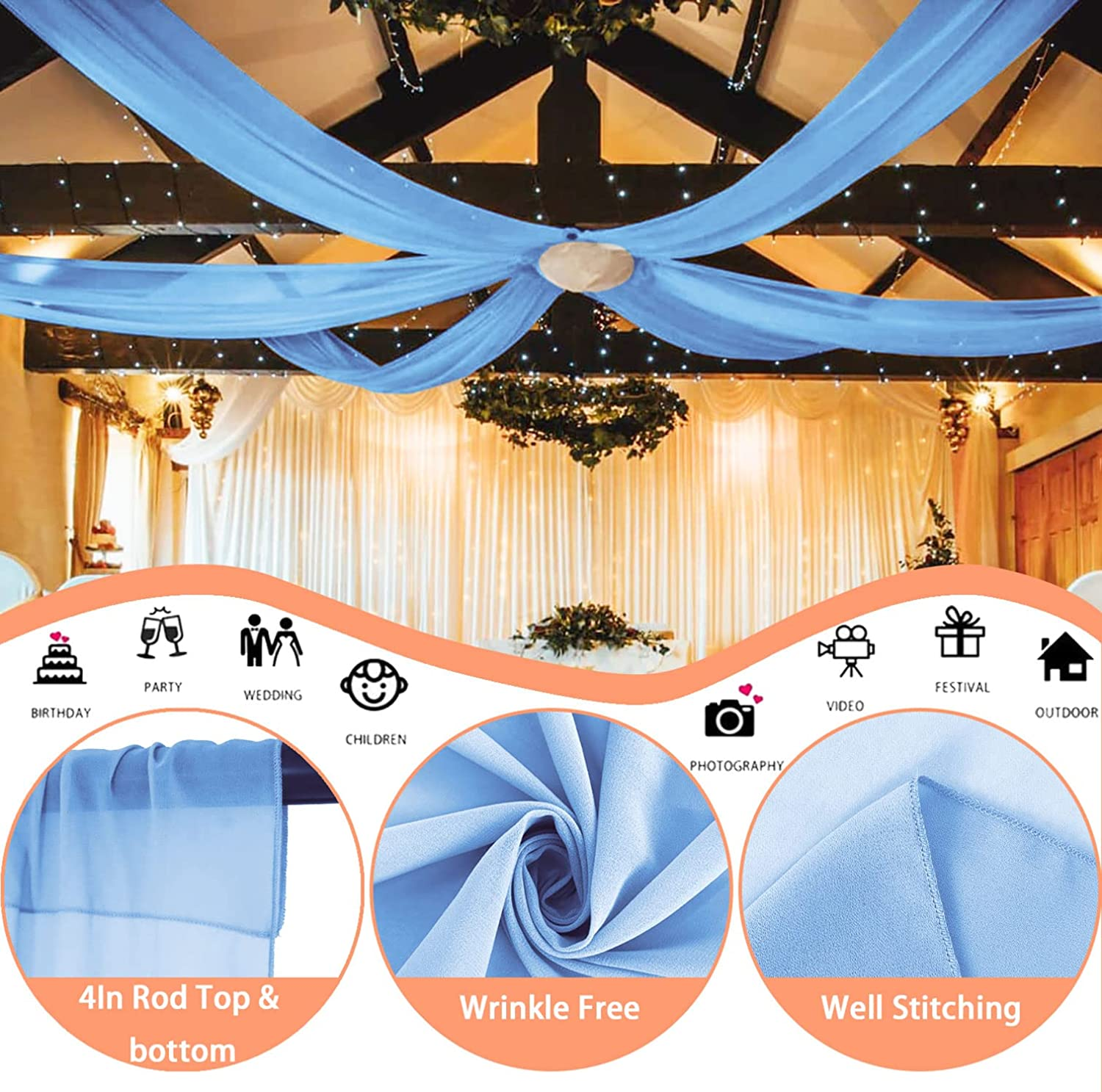 6 Panels Ceiling Drapes Baby Blue Chiffon Wedding Arch Drape Fabric ...