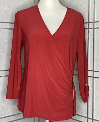 Nine West Size M Faux Wrap Ruched Top V Neck Long Sleeve | eBay