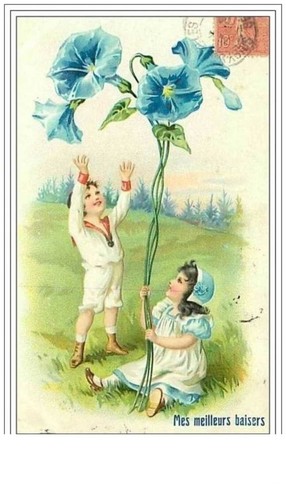 ENFANTS.MES MEILLEURS BAISERS.GARCONNET ET FILLETTE TENANT UNE TIGE DE ...