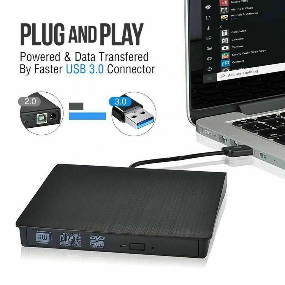 DVD CD RW USB External CD RW Disc Burner Drive Reader Windows 7 10 11 ...