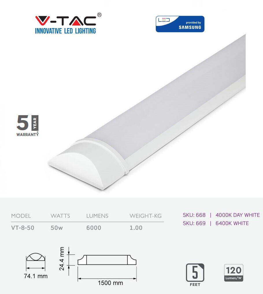 V-tac 40w 4ft LED Batten Fittings Integrated Tube Lamp 4000k Day White ...