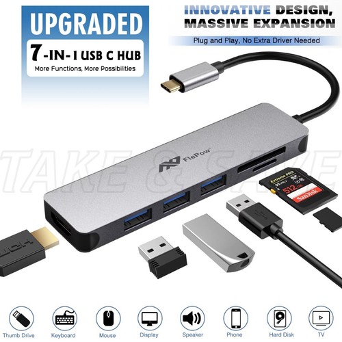 Flepow 7 in 1 Multifunctional USB-C Hub Portable 4K HDMI Output Type C ...