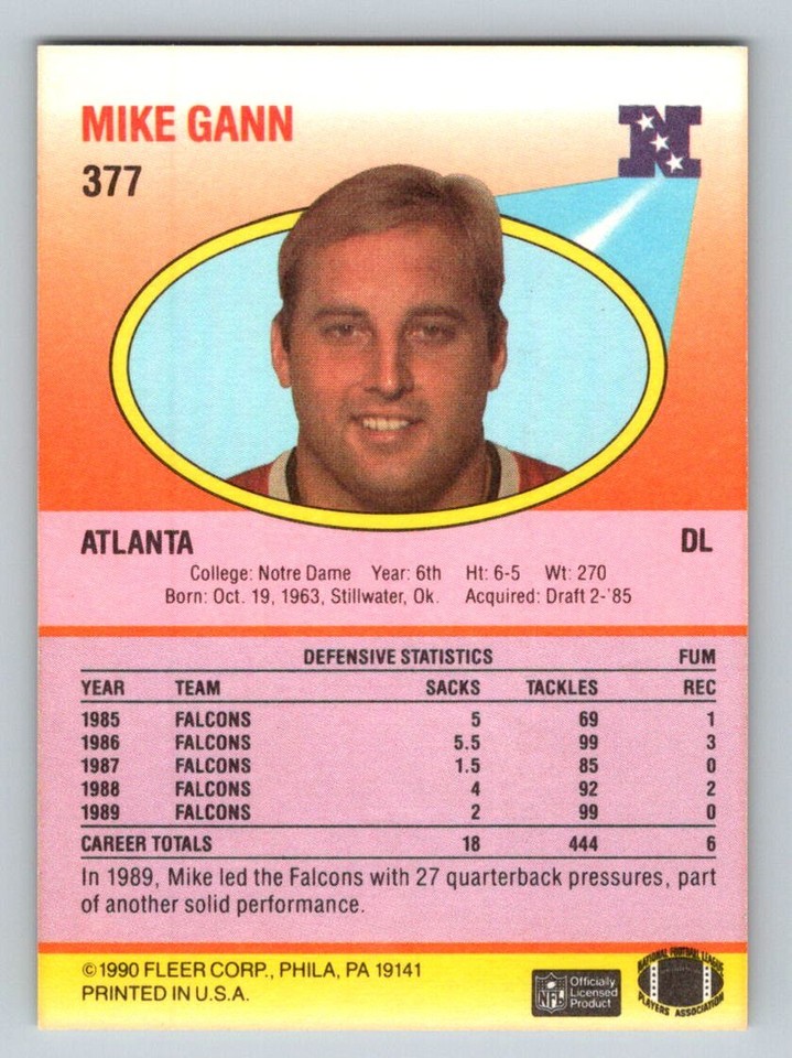 1990 Fleer #377 Mike Gann Atlanta Falcons Football Card | eBay