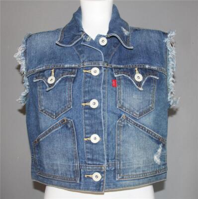 VTG Levi's Distressed Frayed 4-Pocket White Metal Buttons Denim Vest Wm ...