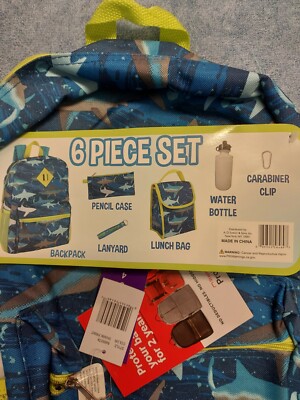 BLUE Shark Backpack 6 PC Set Lunch Box Lanyard Zip Case Carabiner water ...