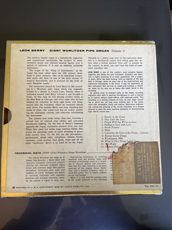 Giant Wurlitzer LEON BERRY Vol. 3 AUDIO FIDELITY 2 TrkReel to Reel Tape 7.5 ips | eBay