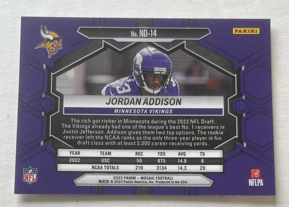 2023 Panini Mosaic NFL Debut Base Jordan Addison Minnesota Vikings RC ...