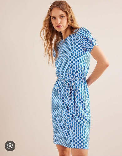 BODEN Blue White Geo Chain Print Knot Detail Short Sleeve Belted Mini ...