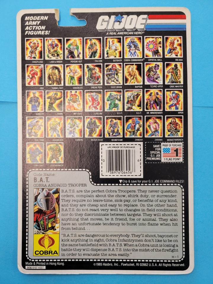 Vintage Hasbro GI Joe Full Card Back for 1986 Cobra BATS B.A.T.S. File ...
