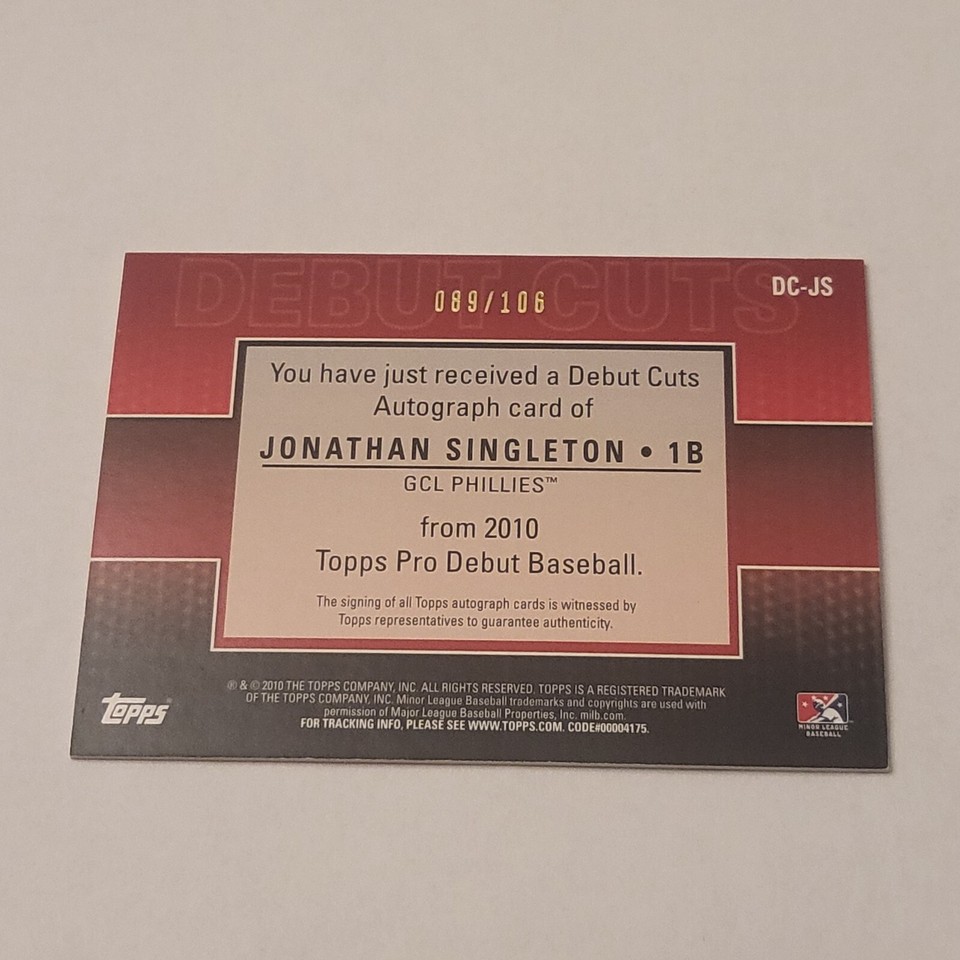 2010 TOPPS DEBUT CUTS AFLAC JONATHAN SINGLETON AUTO RC. AUTOGRAPH CD-JS ...