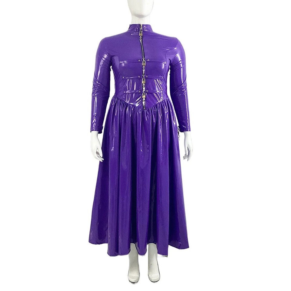 Lockable Spandex PVC Leather Long Dresses Exotic Party Wetlook Pleated ...