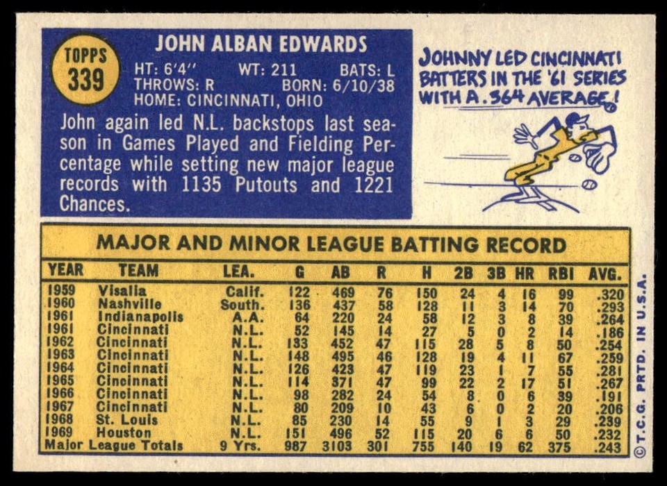 1970 Topps #339 Johnny Edwards BASEBALL Houston Astros | eBay