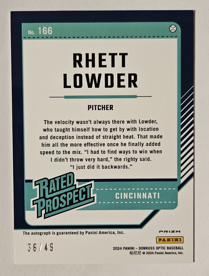 Rhett Lowder 2024 Panini Donruss Optic Rated Prospect Purple Auto #36/ ...