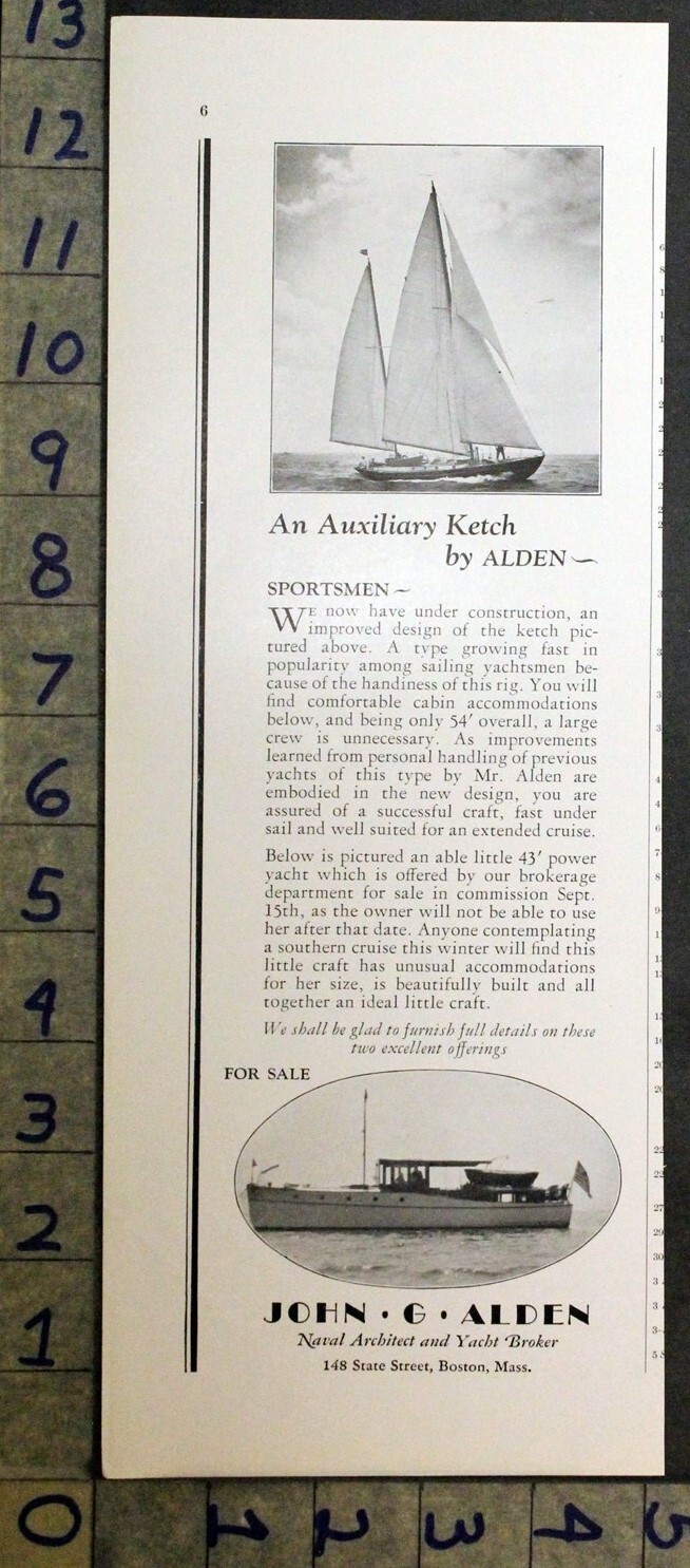 1928 JOHN G ALDEN SAILBOAT BUILD BOSTON AUXILIARY KETCH SAIL YACHT AD ...