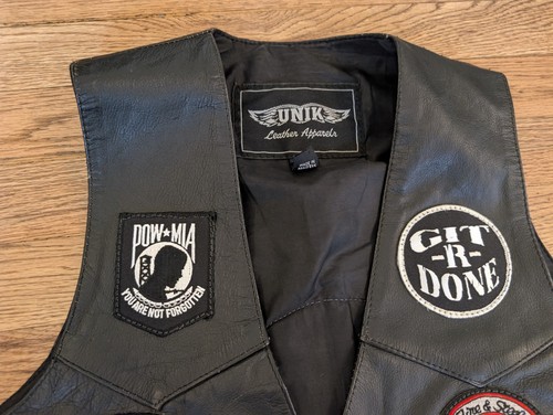 UNIK Men's Leather Motorcycle Vest w/ Harley, POW, Vulcan Riders ...