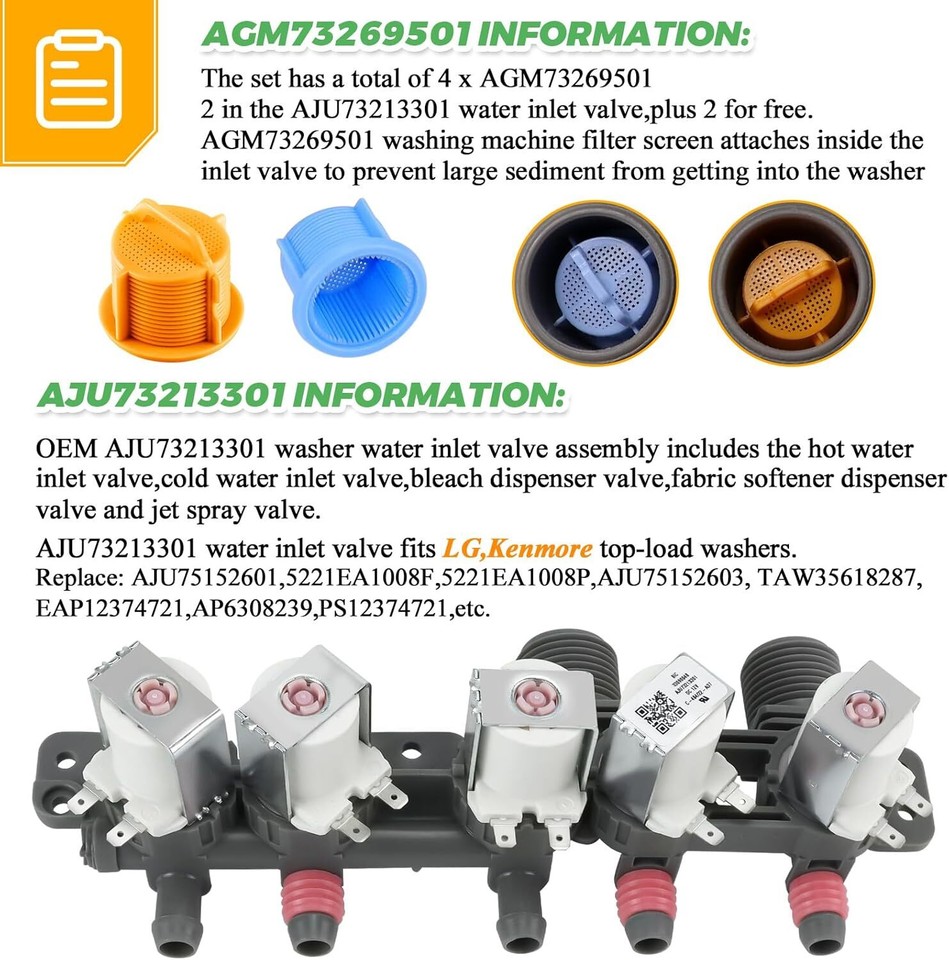 Washer Water Inlet Valve For LG WT5070CW WT4970CW WT1501CW WT5480CW ...
