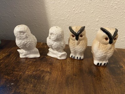 Lot of 2 Pair/Sets Owl on Branch /White Cream& Black Owl Salt & Pepper ...