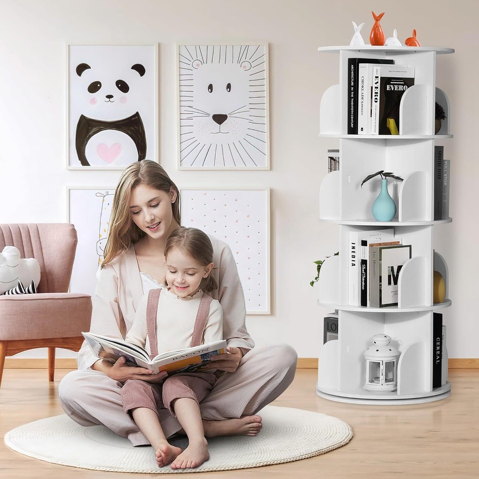 4 Tier Rotating Bookshelf Tower Spinning Bookcase Lazy Susan Revolving ...