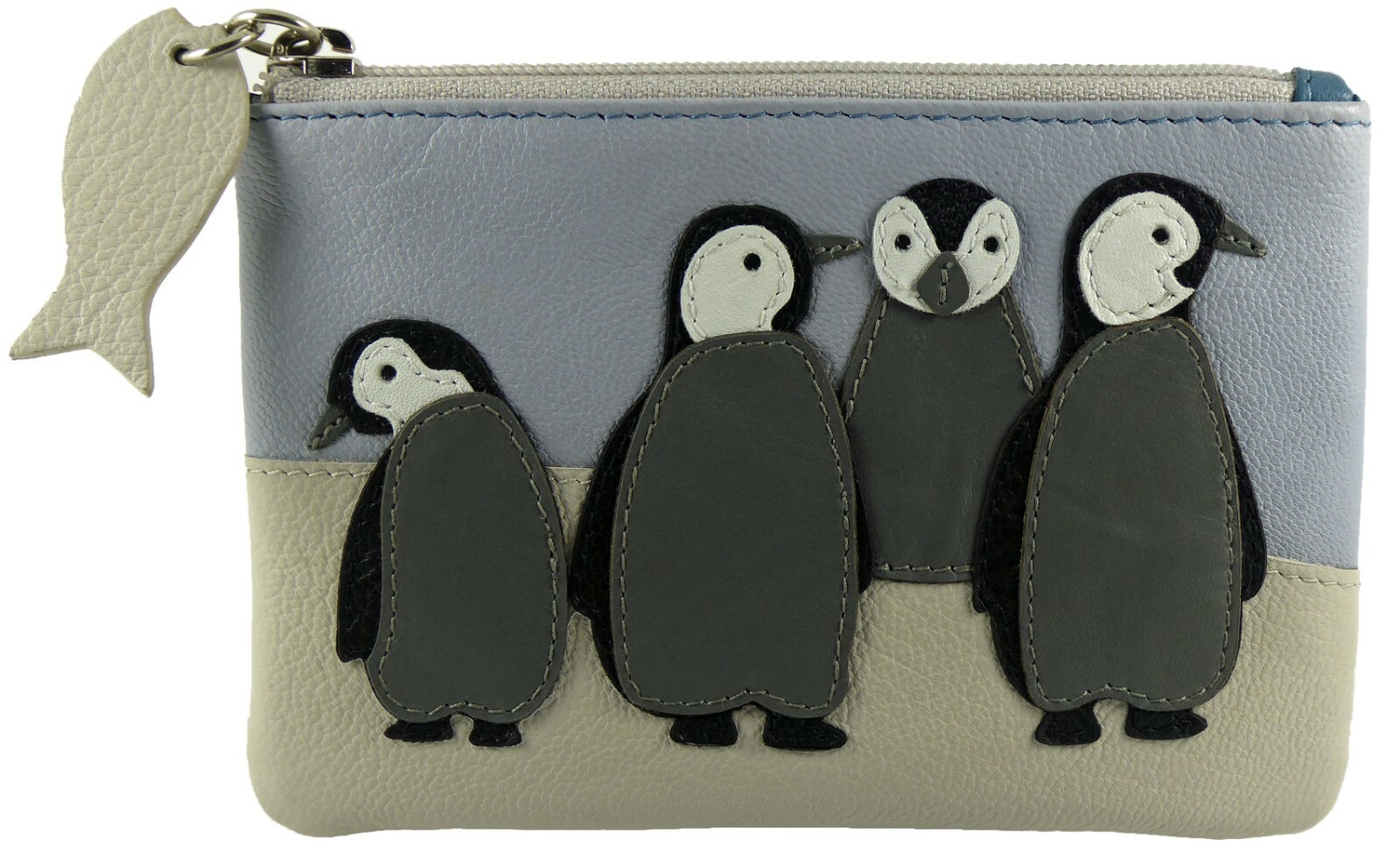 Penguin Family Applique Coin Key Card Purse Blue Beige Real Leather ...