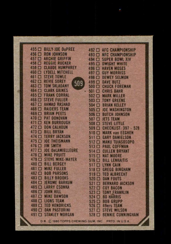 1980 Topps #509 Checklist 397-528 MINT | eBay