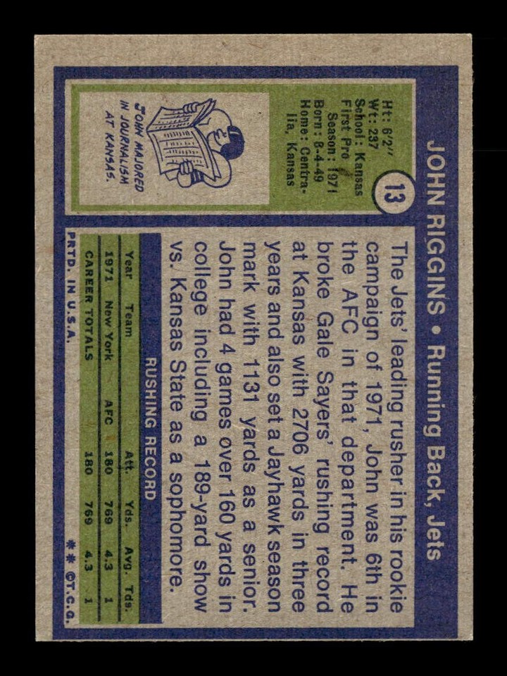 1972 Topps #13 John Riggins New York Jets Rookie RC HOF EX Football ...