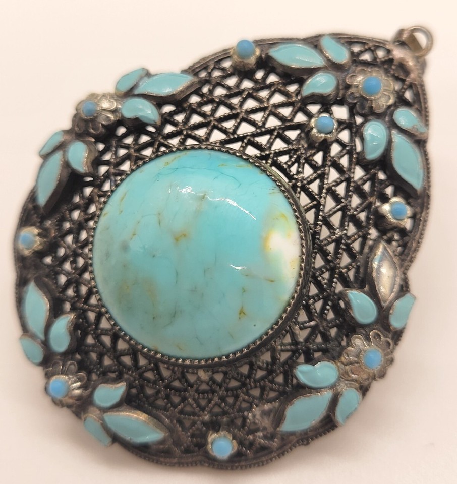 Vintage Turquoise Pendant Filigree Silver Ornate Vintage Large Teardrop ...