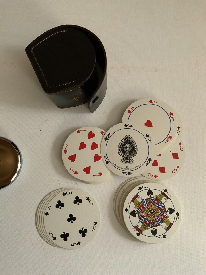 Vintage Waddington Circular Round Playing Cards In Genuine Leather Case ...
