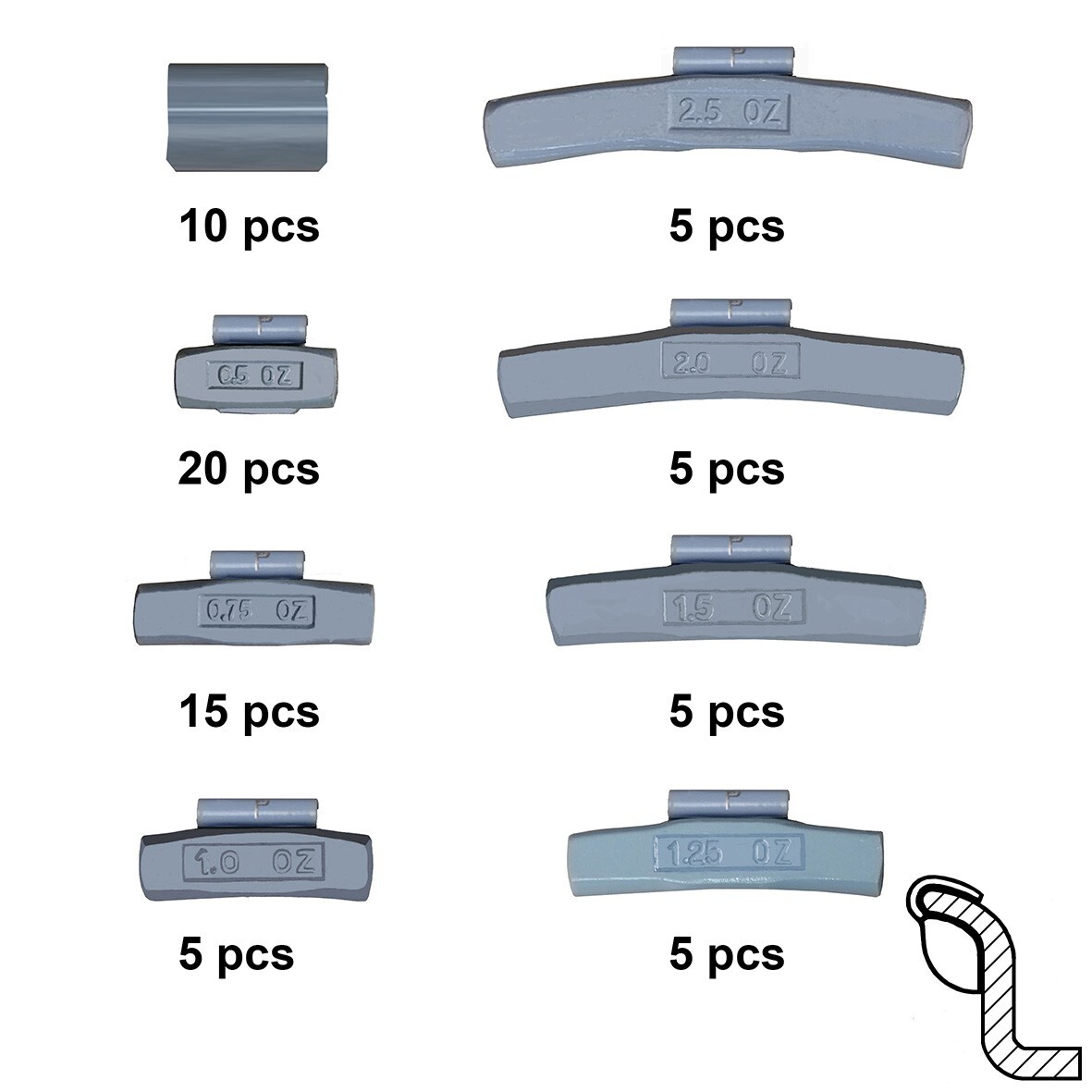 Tire Wheel Balancing Weights P Type Clip COMBO Kit 0.25-2.50oz 70 pcs ...