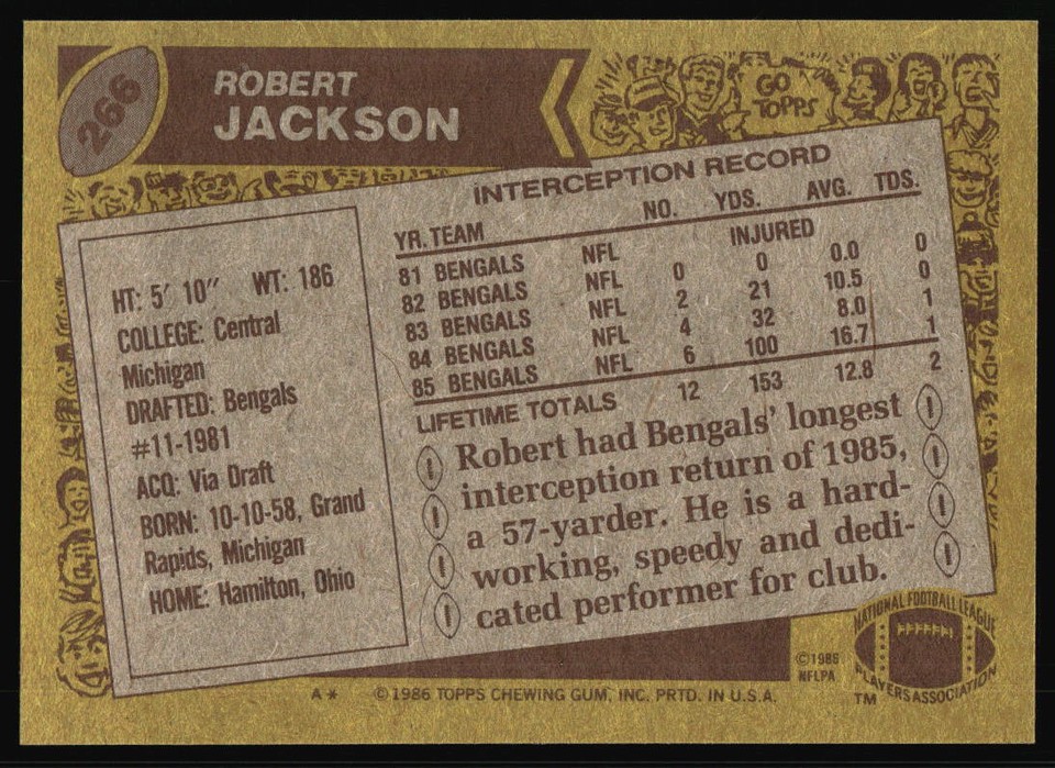 1986 Topps Robert Jackson Rookie #266 Cincinnati Bengals | eBay