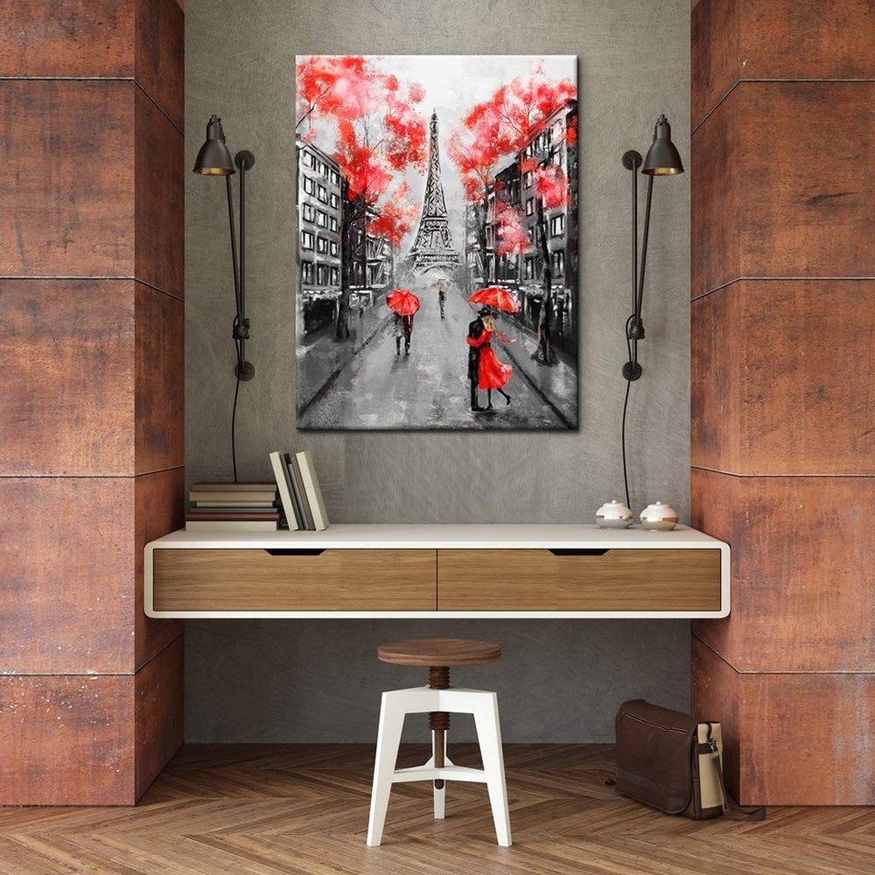 Modern Giclee Canvas Prints Paris Black and White with Eiffel Tower Red Umbre... | eBay