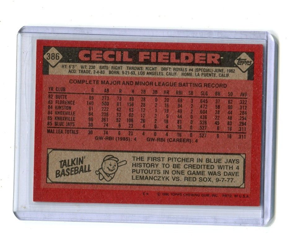 CECIL FIELDER TORONTO BLUE JAYS 1986 TOPPS BASEBALL CARD #386 | eBay
