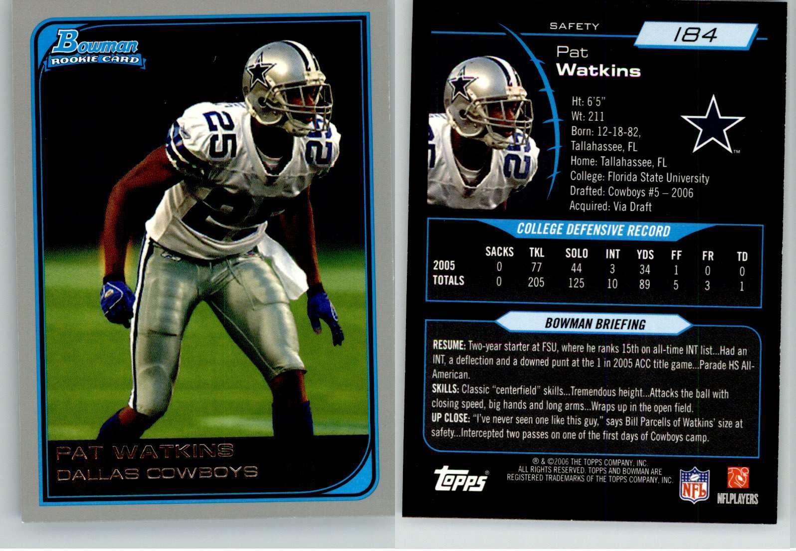 Pat Watkins 2006 Bowman #184 Florida St Cowboys RC Rookie | eBay
