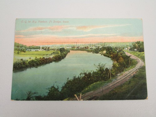 J135 postcard 1909 CGW Railroad viaduct Fort Dodge IA Iowa Train tracks ...