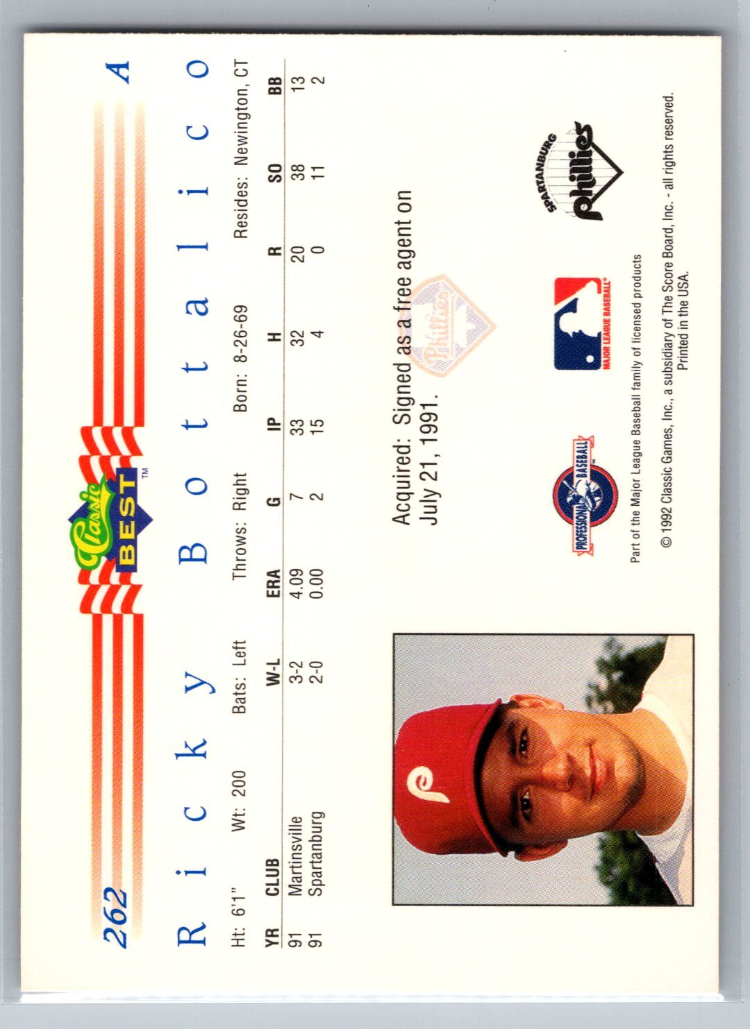 Ricky Bottalico 1992 Classic Best Set Break BASEBALL #262 Spartanburg ...