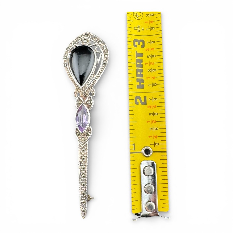 Vintage 925 Silver Onyx Amethyst And Marcasite Stone Scepter Brooch | eBay