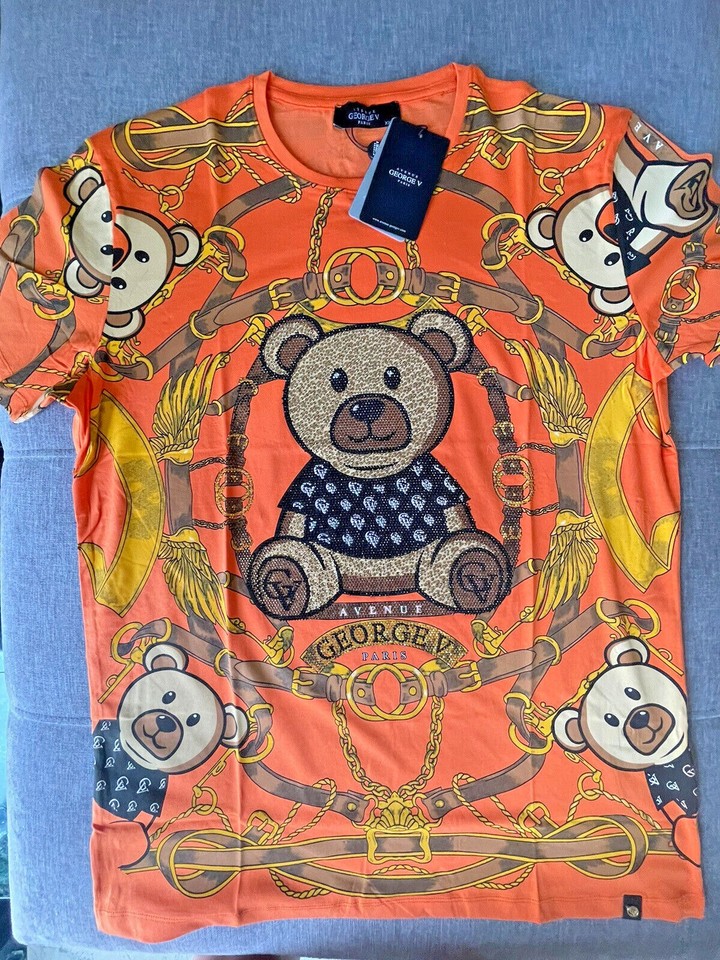Avenue George V Paris T-Shirt Men's Orange Fitted Tee Rhinestone XL | eBay