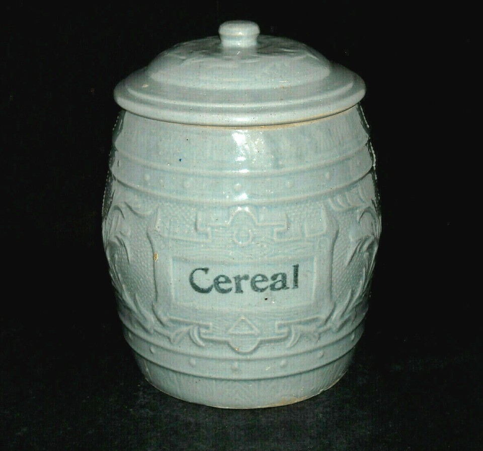 Exc. Grey Flemish Ware "Cereal" Canister w/Cover Stoneware RCPC Akron ...