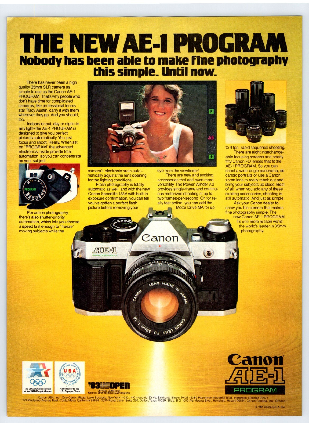 1983 TRACY AUSTIN CANON AE-1 CAMERA Vintage 8"X11" Magazine Ad 80's ...