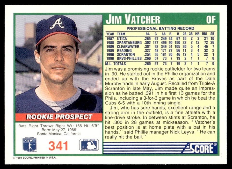 1991 Score Baseball Card Jim Vatcher Rookie Atlanta Braves #341 | eBay