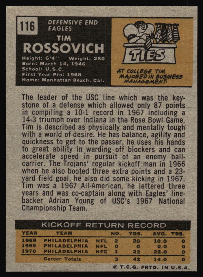 1971 Topps Tim Rossovich #116 Philadelphia Eagles L3 | eBay